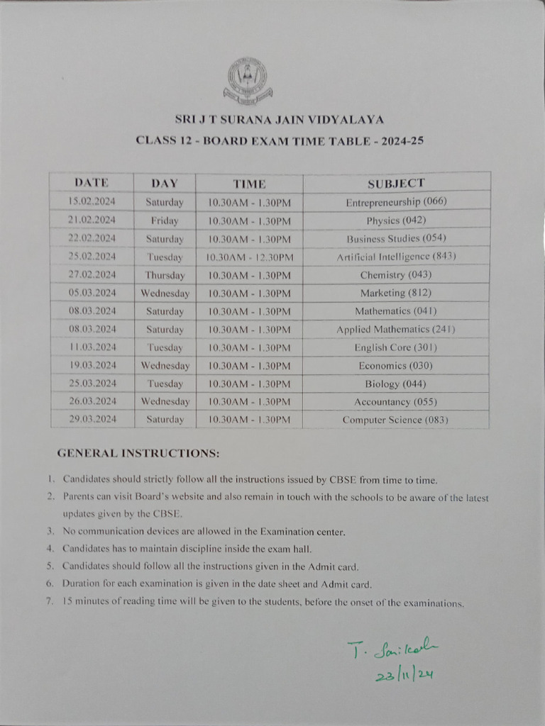 Class XII Board Exam TT 24-25 | PDF