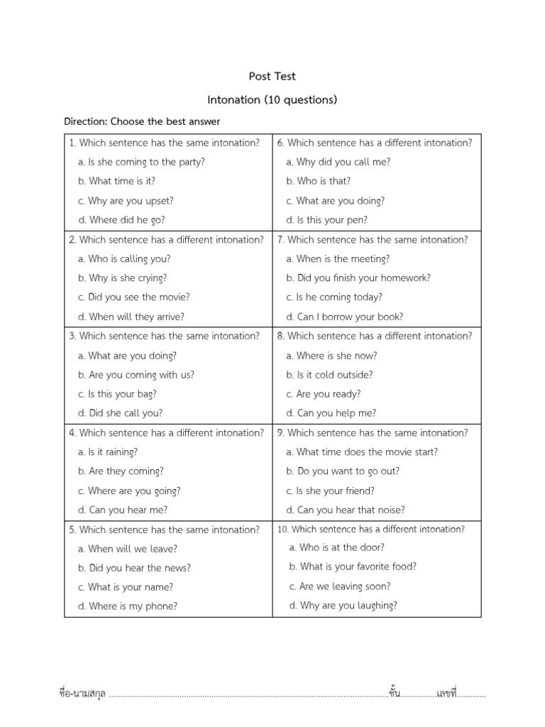 Post Test Intonation Anad Punctuation Mark | PDF