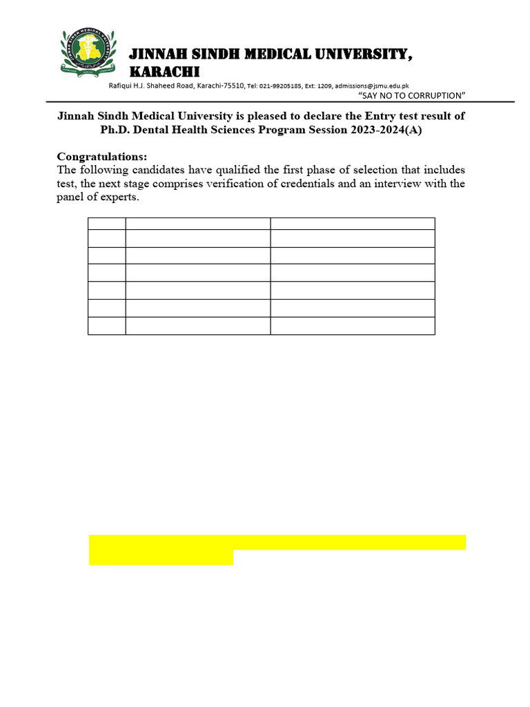 2024.01.25 Entry Test Result of Ph.D. Dental Health Sciences Program ...