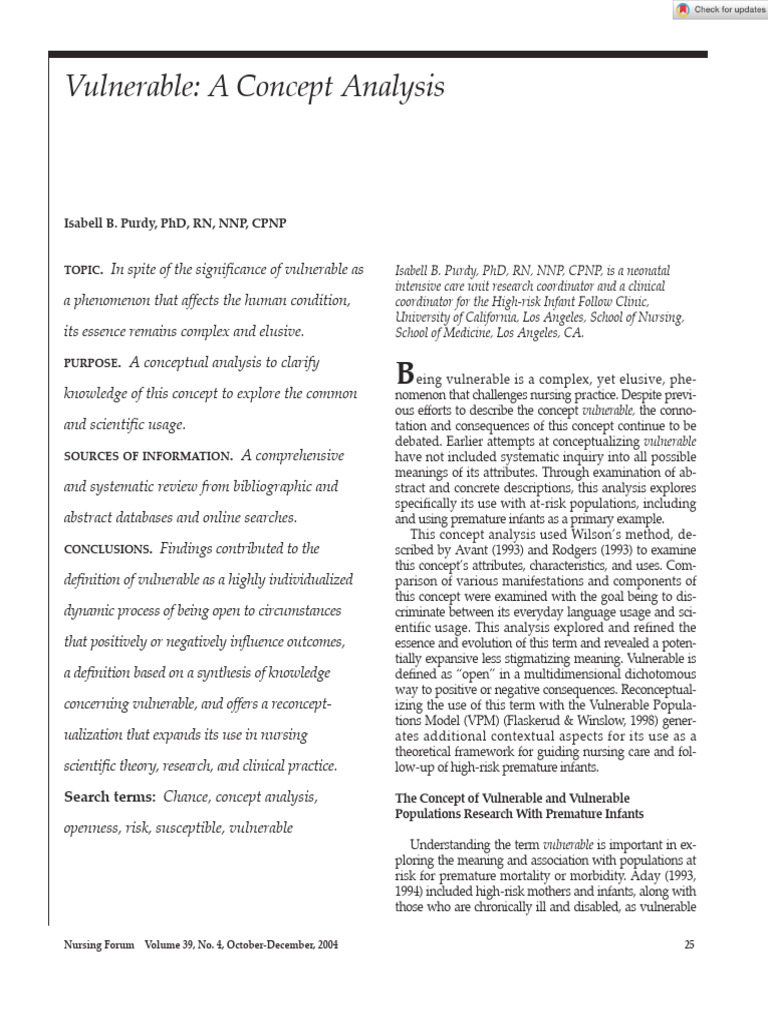 Nursing Forum - 2005 - Purdy - Vulnerable A Concept Analysis | PDF | Preterm Birth | Risk