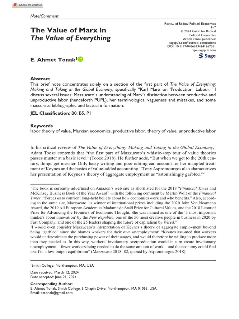 Tonak 2024 The Value of Marx in The Value of Everything | PDF | Capital ...