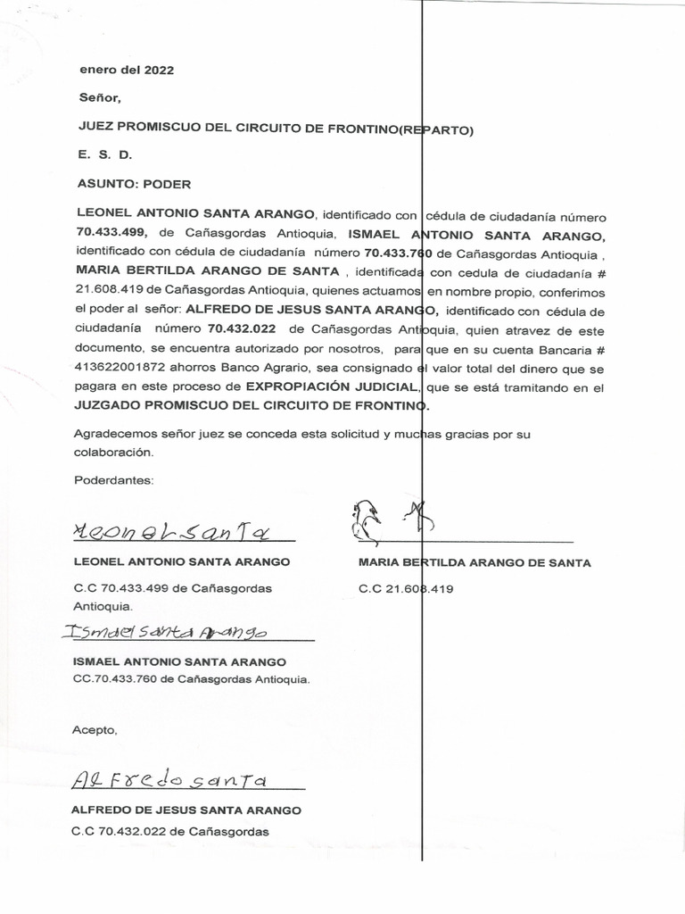 07 Otorgamiento Poder Familia Santa Arango | PDF