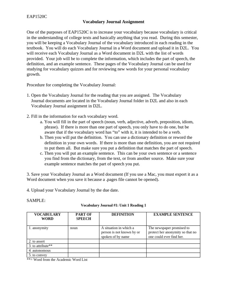 EAP1520C Vocabulary Journal Instructions | PDF | Part Of Speech ...