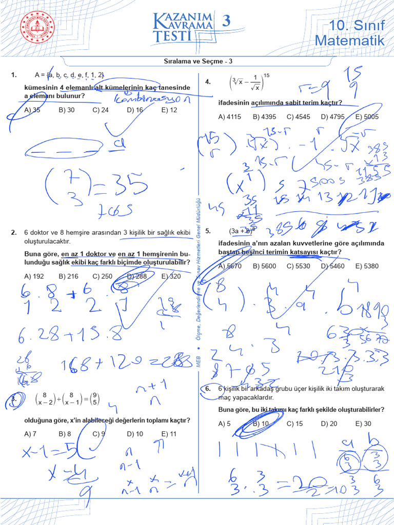 Sınıf Matematik Matematik: C C C M M M | PDF