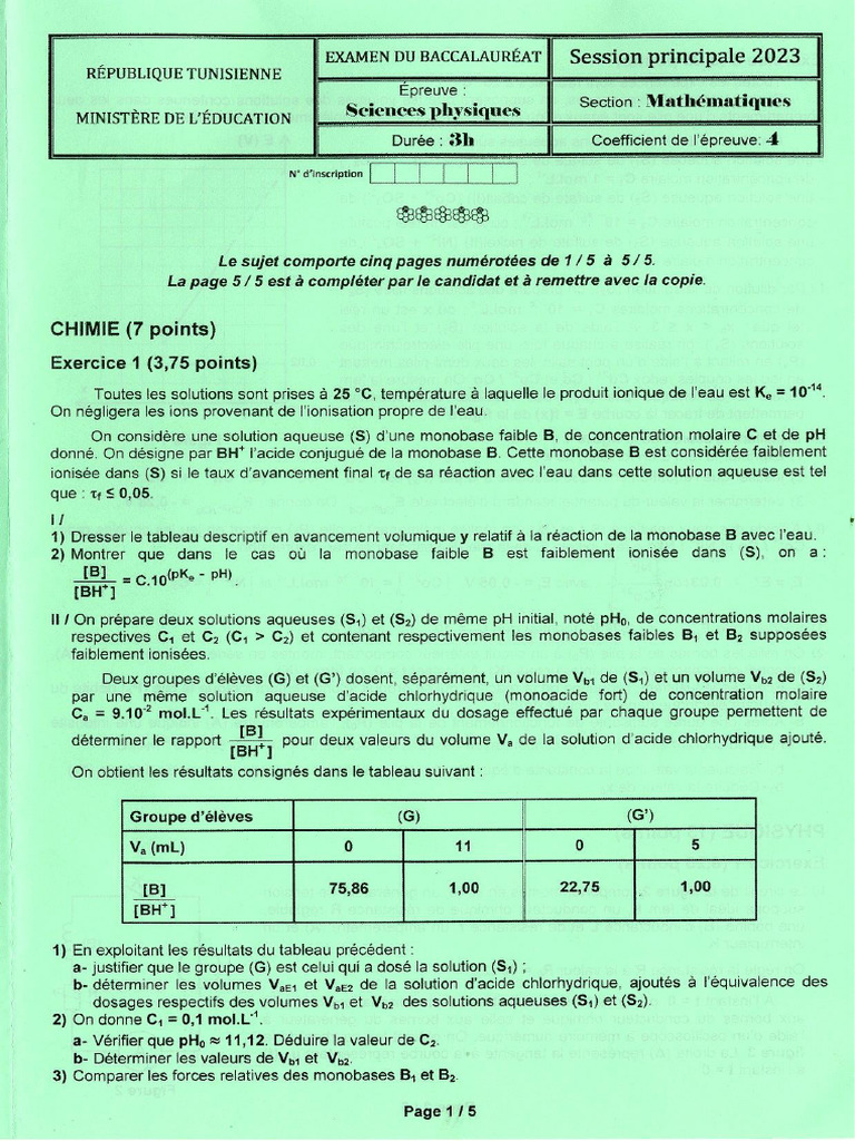 Bac C Physique Tunisie | PDF | Constante d'acidité | Équilibre chimique