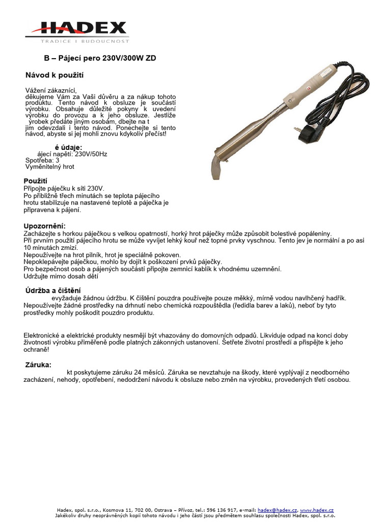P171 - Pájecí Pero 230V/ 00W ZD-701 Návod K Použití: Technick É Údaje | PDF