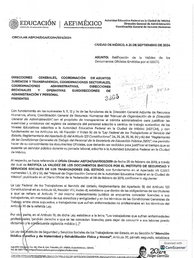 Oficio AEFCM DGA CGRH 034 2024 RATIFICACION DOCTOS OFICIALES DEL ISSSTE | PDF
