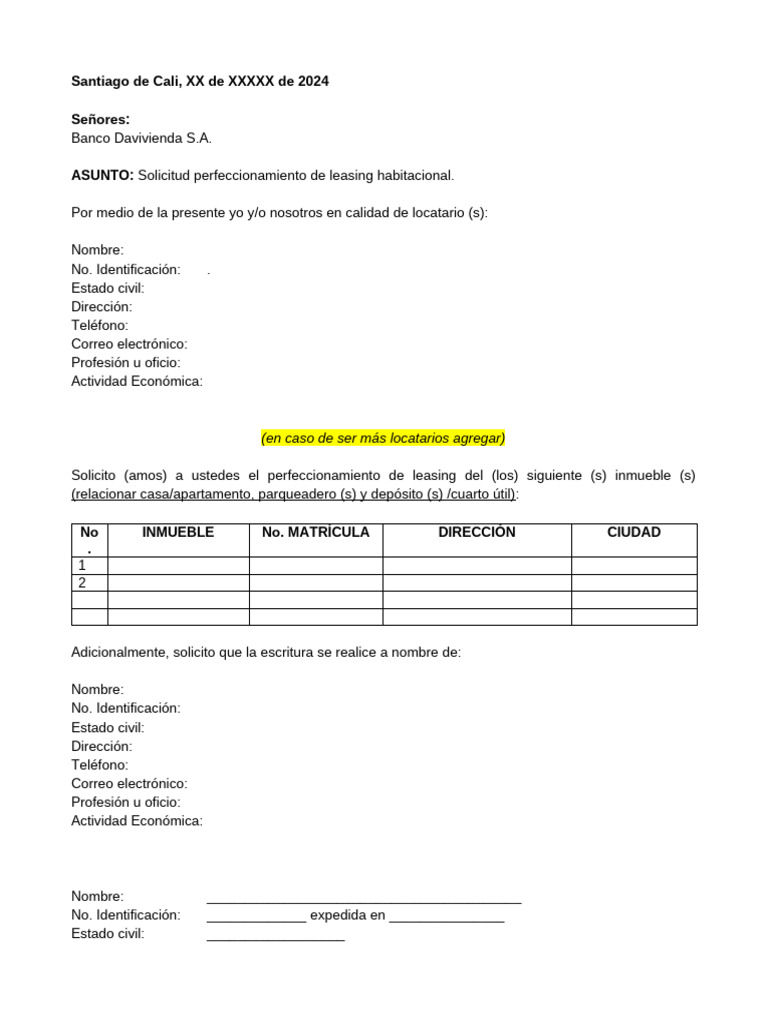 Carta Solicitud Perfeccionamiento Leasing | PDF