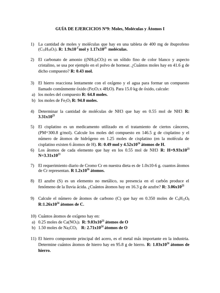 Guía de Ejercicios Moles - Moléculas y Ätomos | PDF | Mole (Unidad ...