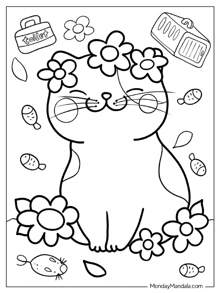 Cartoon Cat With Flowers Coloring in For Preschoolers | PDF