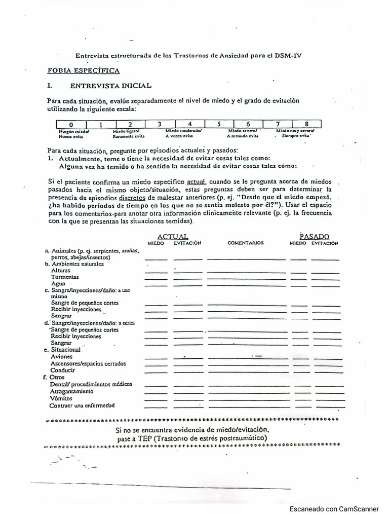Entrevista Estructurada de Los Trastornos de Ansiedad para El DSM-IV. Fobia Específica | PDF