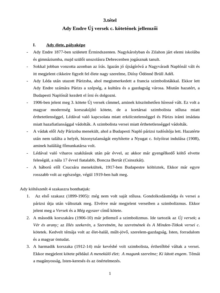 3.-Ady-Endre-Új-versek C. Kötetének-Ciklusai Egy-Egy Verse Alapján | PDF