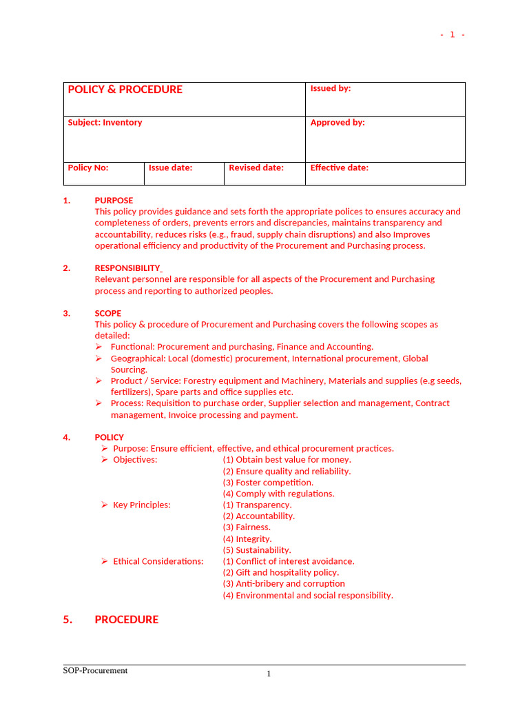 Standard Operating Procedure Procurement and Purchasing Designed by ...