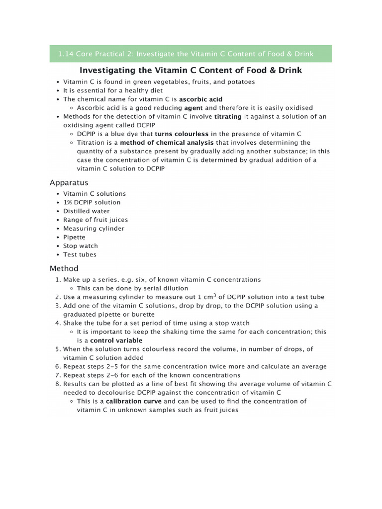 Core Practical 2 - Investigating The Vitamin C Content of Food and ... Core Practical 2 - Investigating The Vitamin C Content of Food and ...