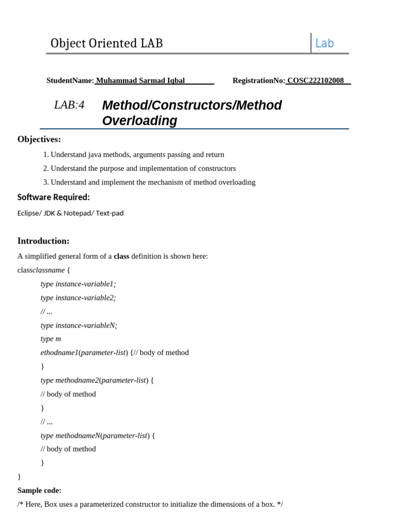 Lab 4 Sarmad | PDF | Method (Computer Programming) | Constructor ... Lab 4 Sarmad | PDF | Method (Computer Programming) | Constructor ...