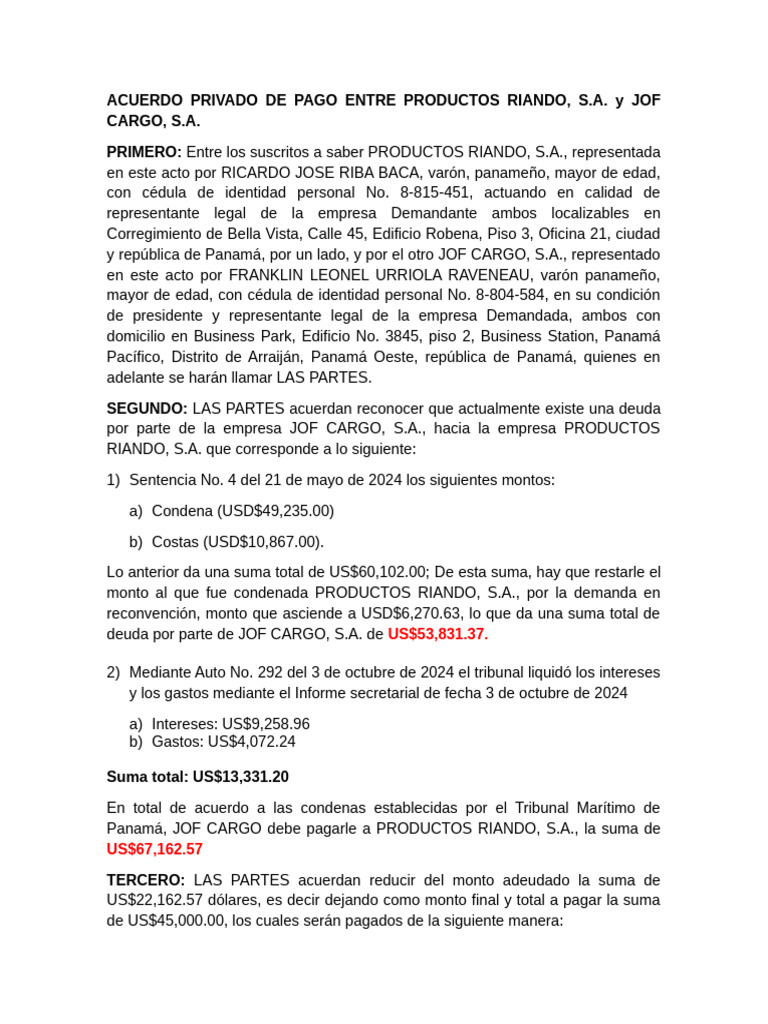 Acuerdo Privado de Pago Jof Cargo y Productos Riando | PDF | Panamá ...