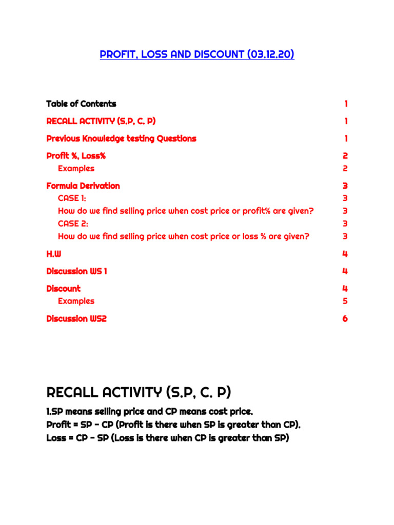 Profit, Loss, and Discount Formulas | PDF | Percentage | Prices