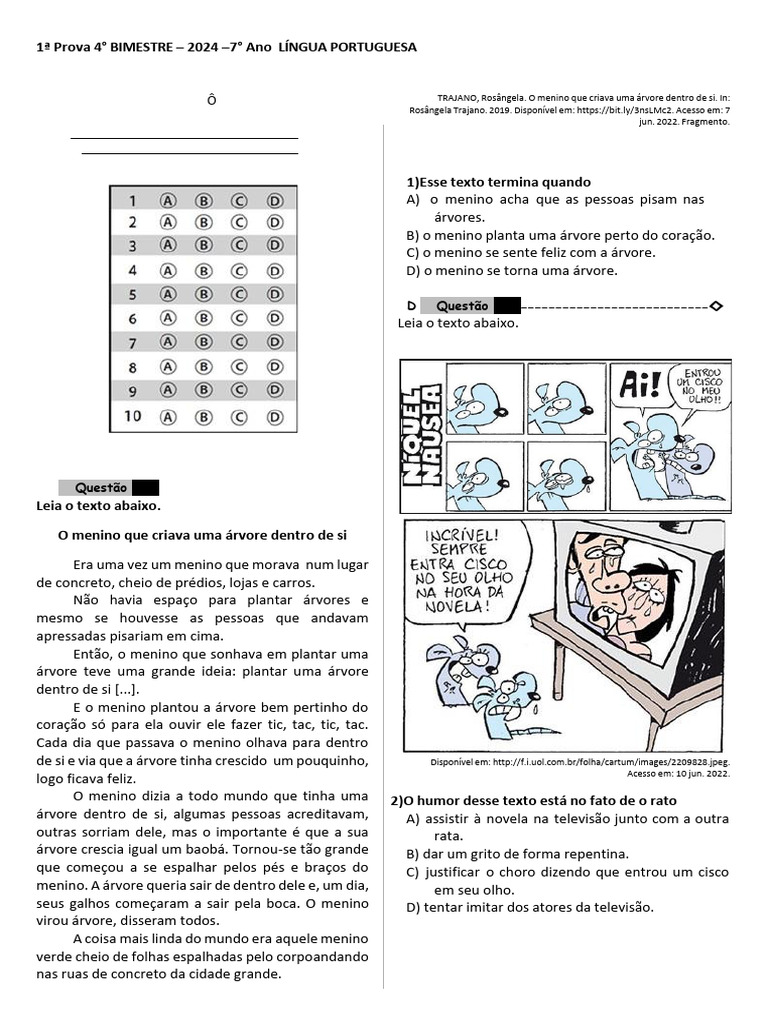 7ANO 2024 1 PROVA - Port - 7° Ano | PDF | Cães | Árvores