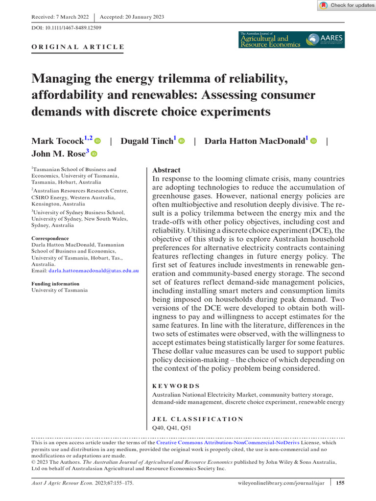 Aus J Agri Res Econ - 2023 - Tocock - Managing The Energy Trilemma of ...