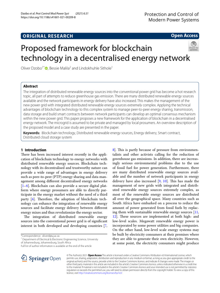 Proposed Framework For Blockchain Technology in A Decentralised Energy Network - 2021 - Springer ...