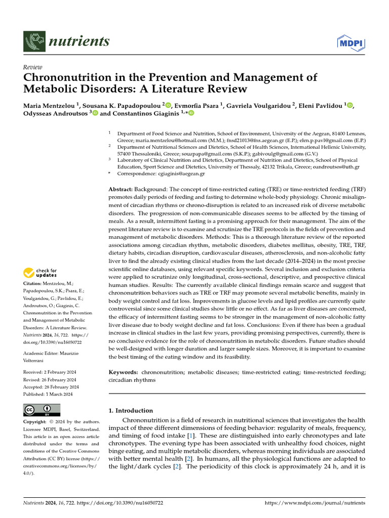 Chrononutrition in The Prevention and Management of Metabolic Disorders ...