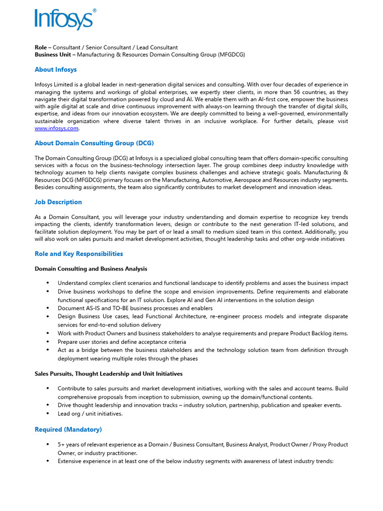 Sample JD - Infosys MFGDCG | PDF | Consultant | Agile Software Development