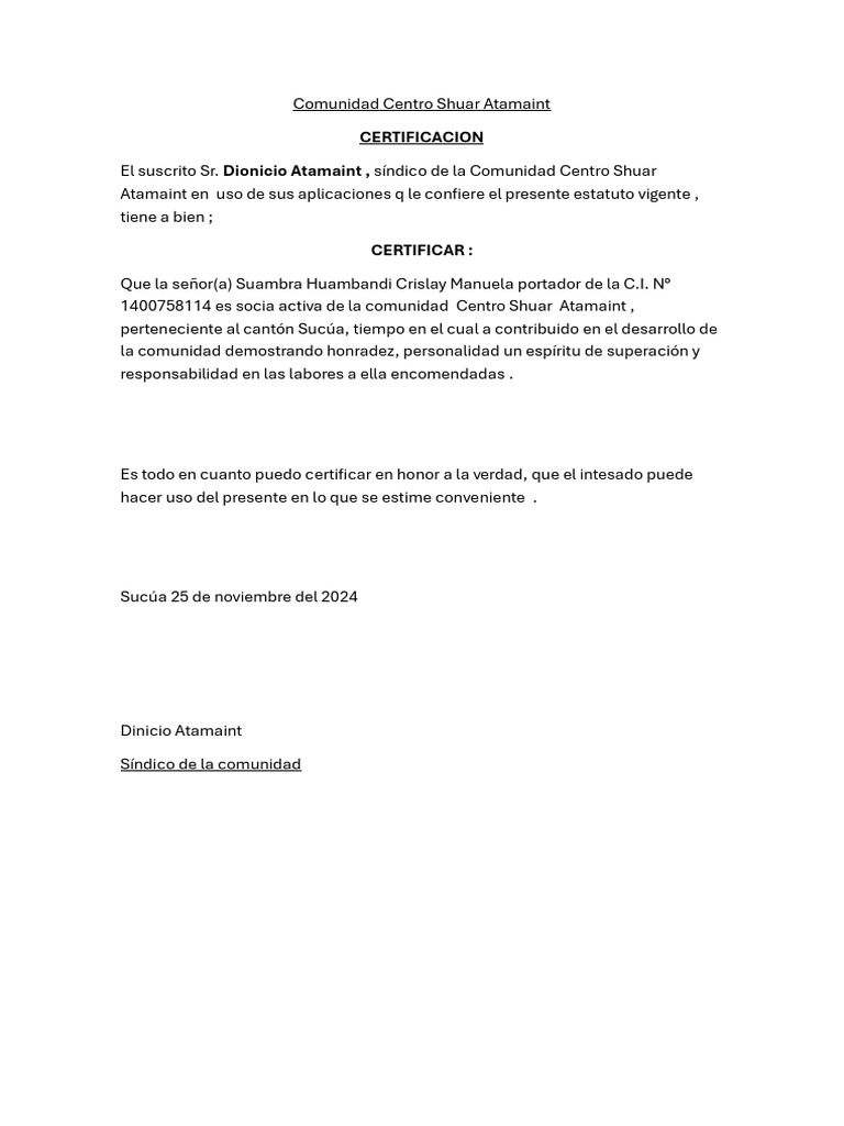 Certificacion Dionicio Atamaint | PDF