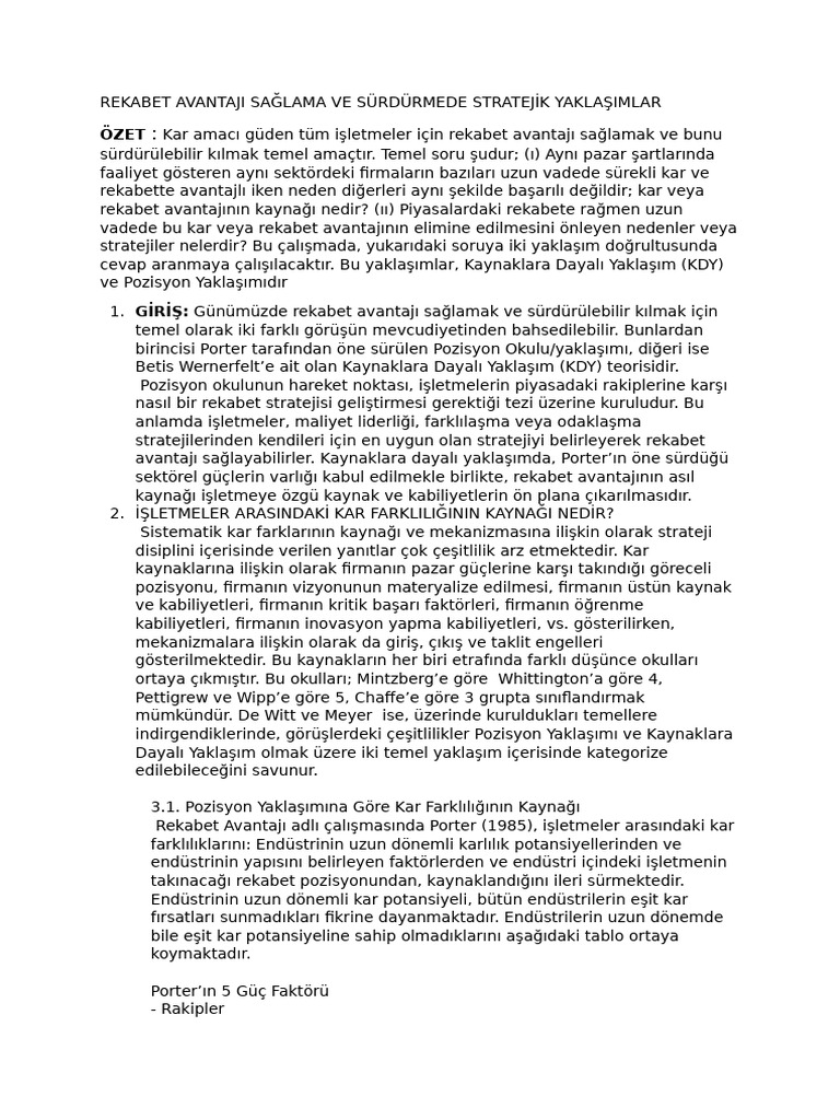 Rekabet Avantaji Sağlama Ve Sürdürmede Strateji̇k Yaklaşimlar | PDF Rekabet Avantaji Sağlama Ve Sürdürmede Strateji̇k Yaklaşimlar | PDF
