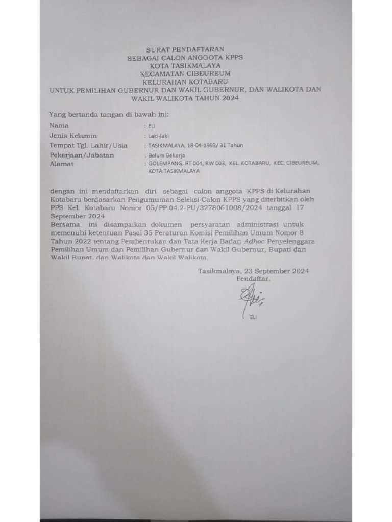 Surat Pendaftaran Eli | PDF