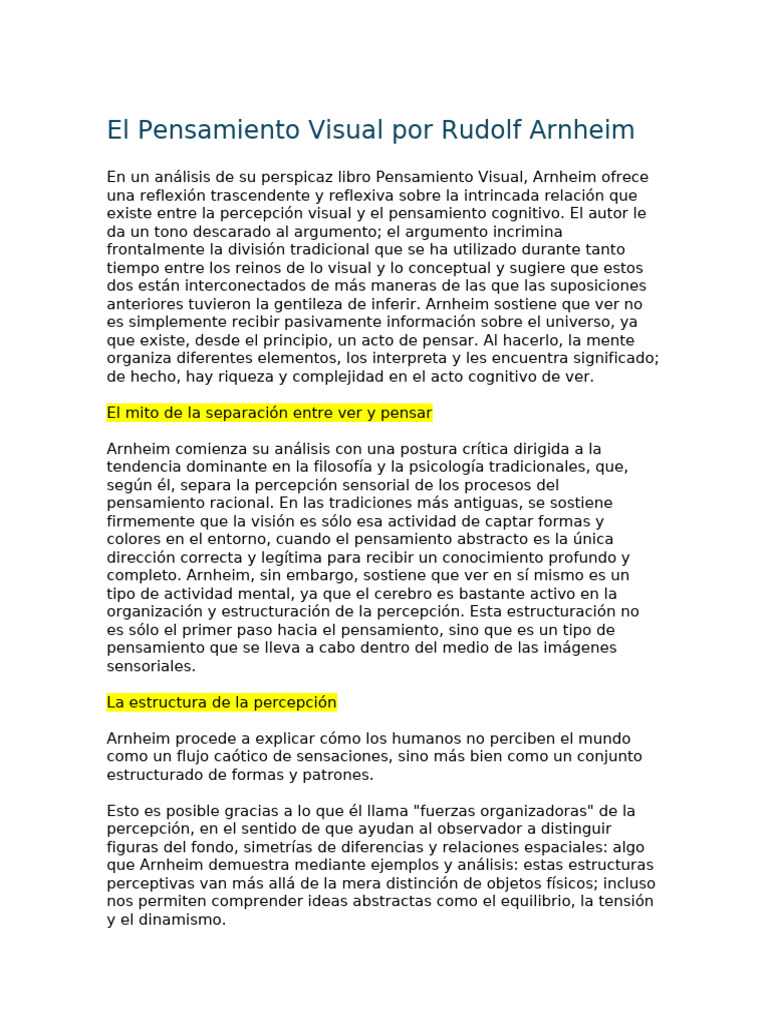 El Pensamiento Visual Por Rudolf Arnheim | PDF | Pensamiento | Percepción