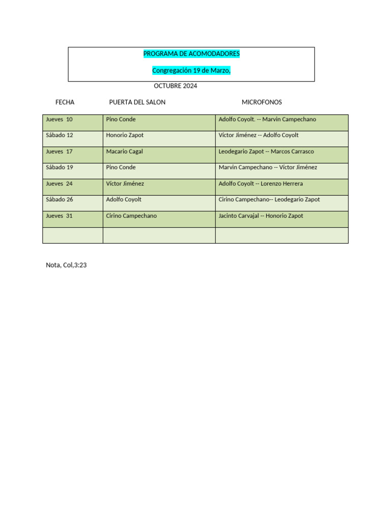 Programa de Acomodadores Octubre 2024 | PDF