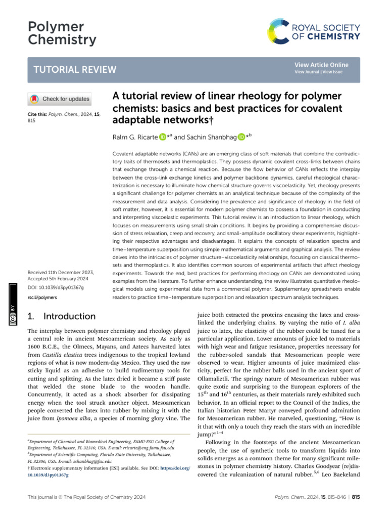 A Tutorial Review of Linear Rheology For Polymer | PDF | Rheology | Elasticity (Physics)