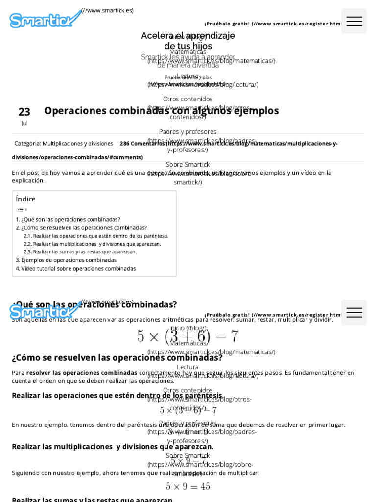 Operaciones Combinadas - Cómo Resolverlas, Ejemplos - Smartick | PDF | Multiplicación | Blog