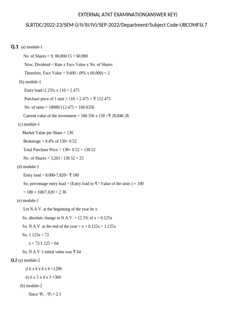 FYBCom Sem 1 Statistics Answer Key | PDF | Mean | Arithmetic Mean