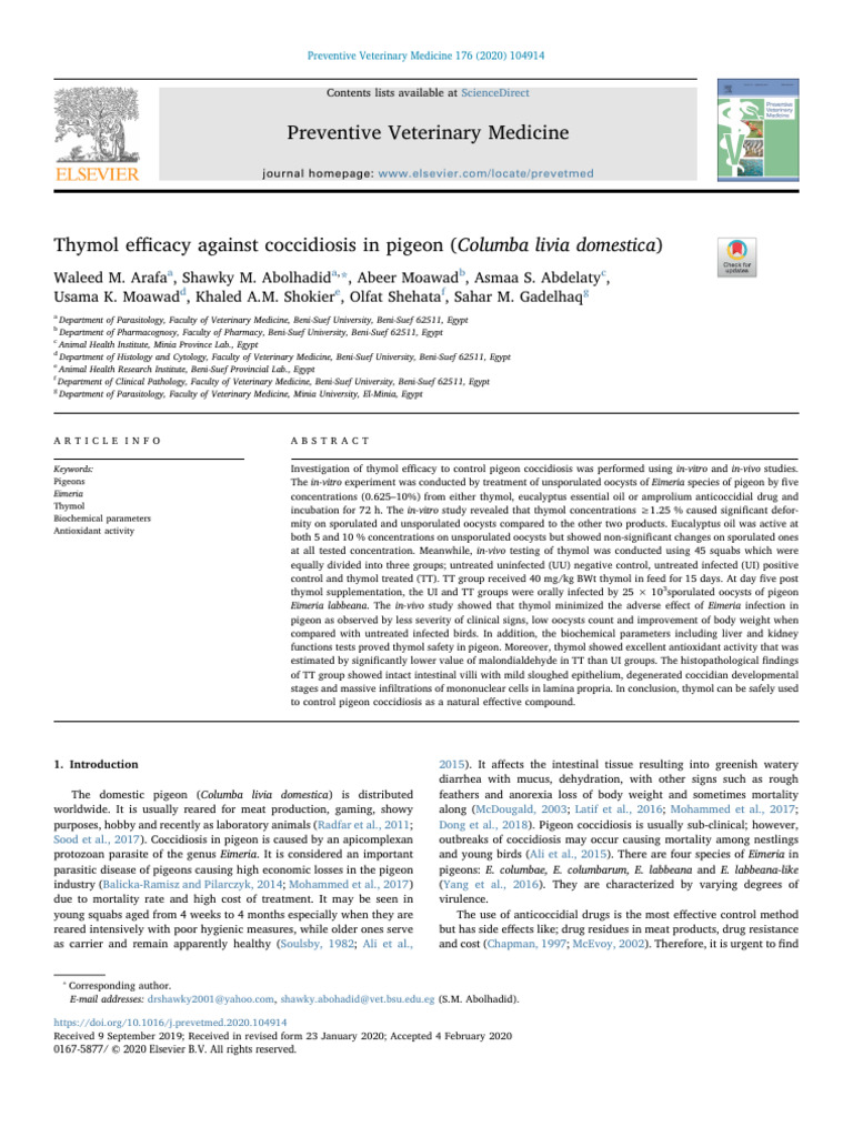 Thymol's Efficacy on Pigeon Coccidiosis | PDF | Histopathology