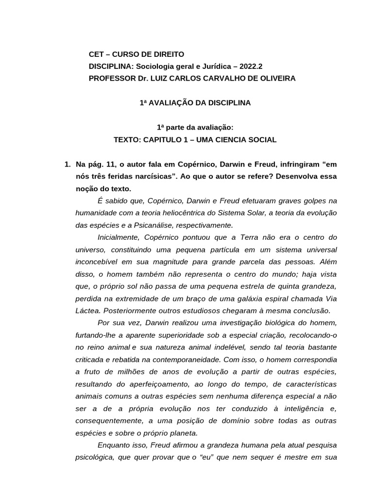 1a Aval de Sociologia Geral e JurÃ - Dica Marcelo | PDF | Sociologia | Sociedade