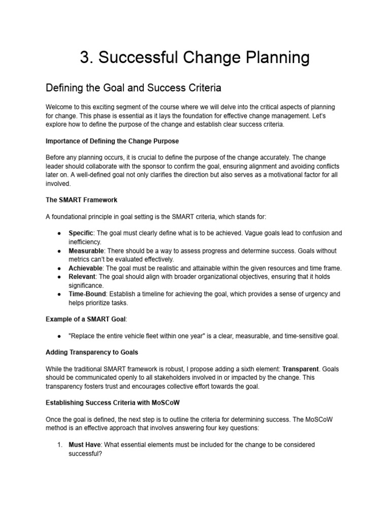 Change Planning: Goals & Success Criteria | PDF | Goal | Risk