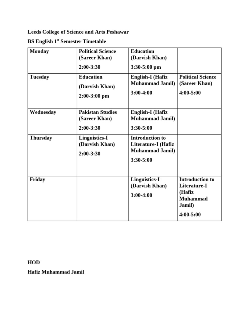 BS English Final Timetable 1st Semester | PDF