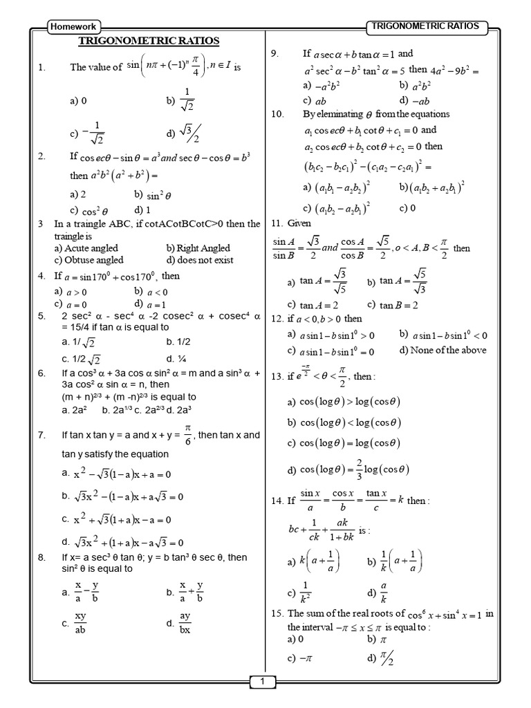 Trigonometric Ratios & Identities - Questions | PDF | Triangle ...