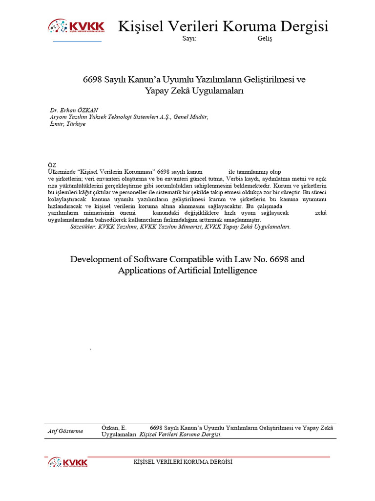 6698 Say L Kanun A Uyumlu Yaz L Mlar N Geli Tirilmesi Ve Yapay Zek ...