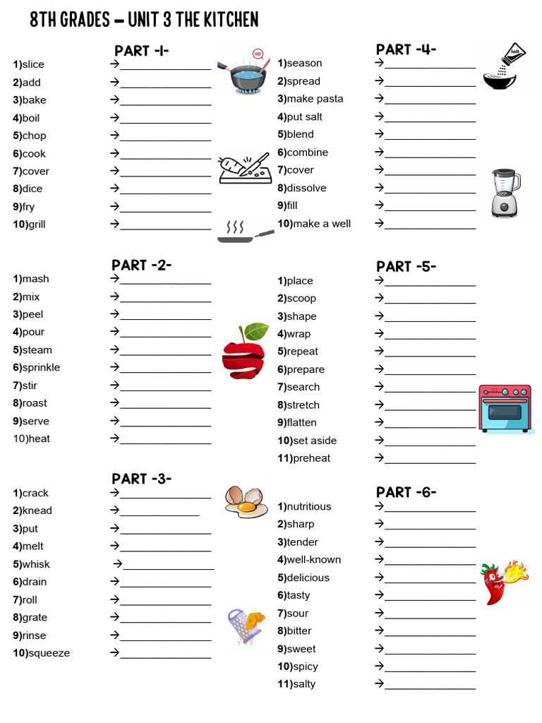 8th Grades Unit 3 in The Kitchen Vocabulary List | PDF | Foods | Cuisine