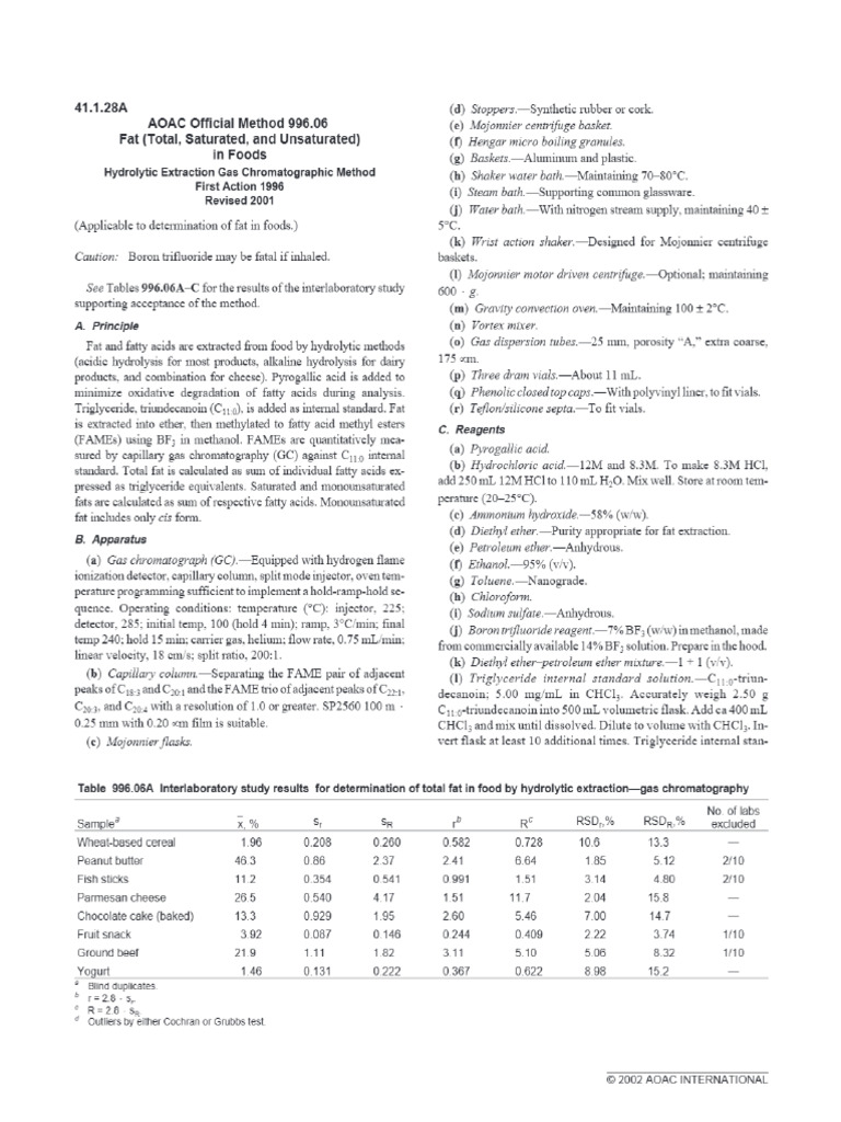 41.1.28A AOAC Official Method 996.06 Fat (Total, Saturated, and ...