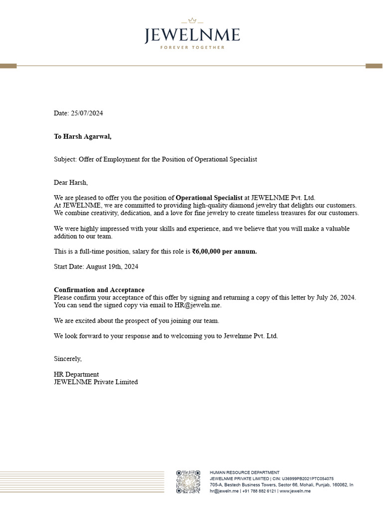 Harsh Agarwal Updated Offer Letter | PDF