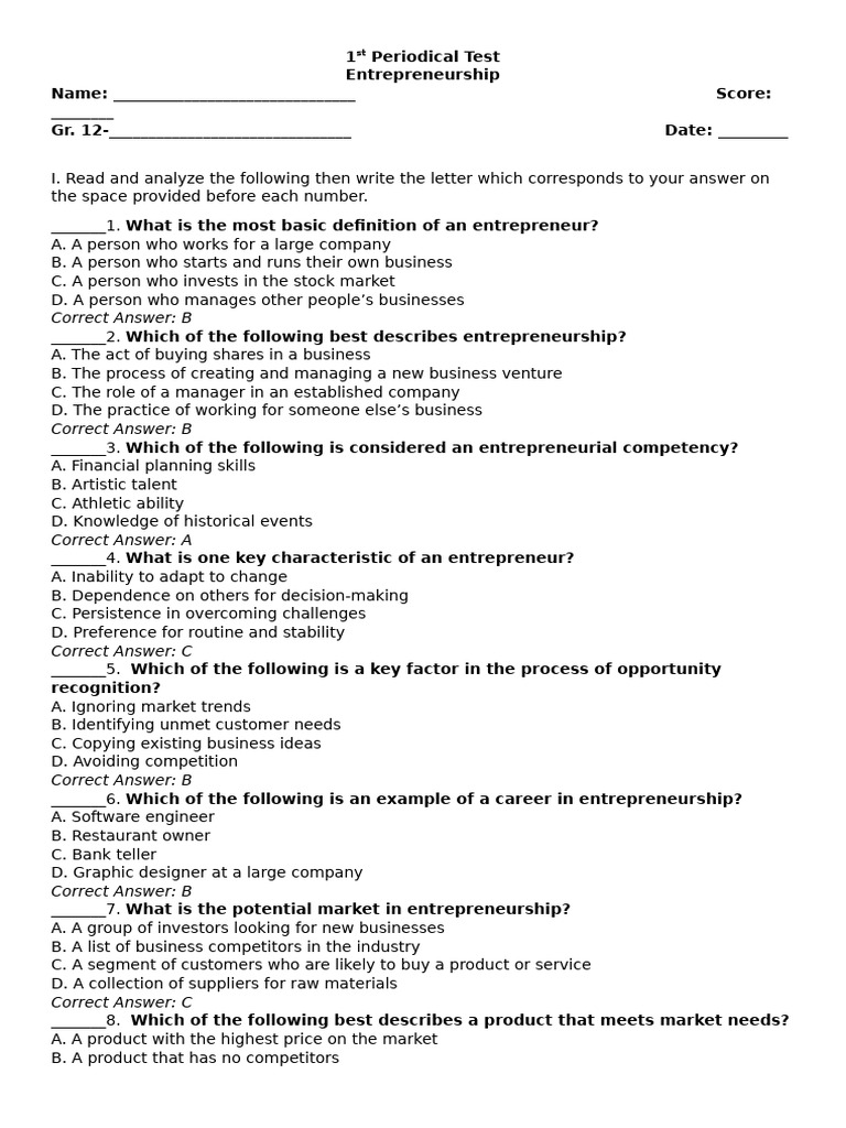 Entrepreneurship Periodical Test Guide | PDF | Entrepreneurship | Marketing