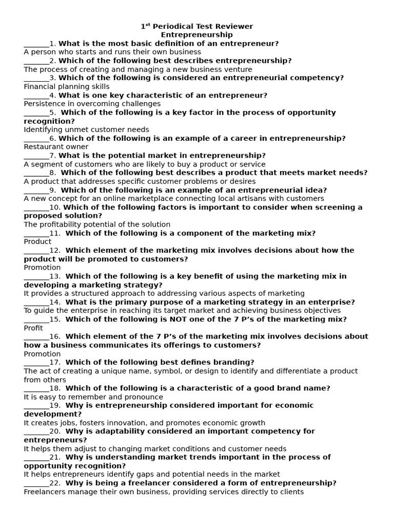1st Periodical Test in Entrep Reviewer | PDF | Entrepreneurship | Marketing