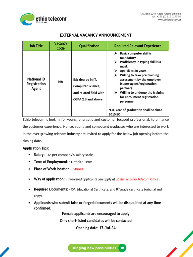 NID Registration Agent Vacancy - Shinile | PDF