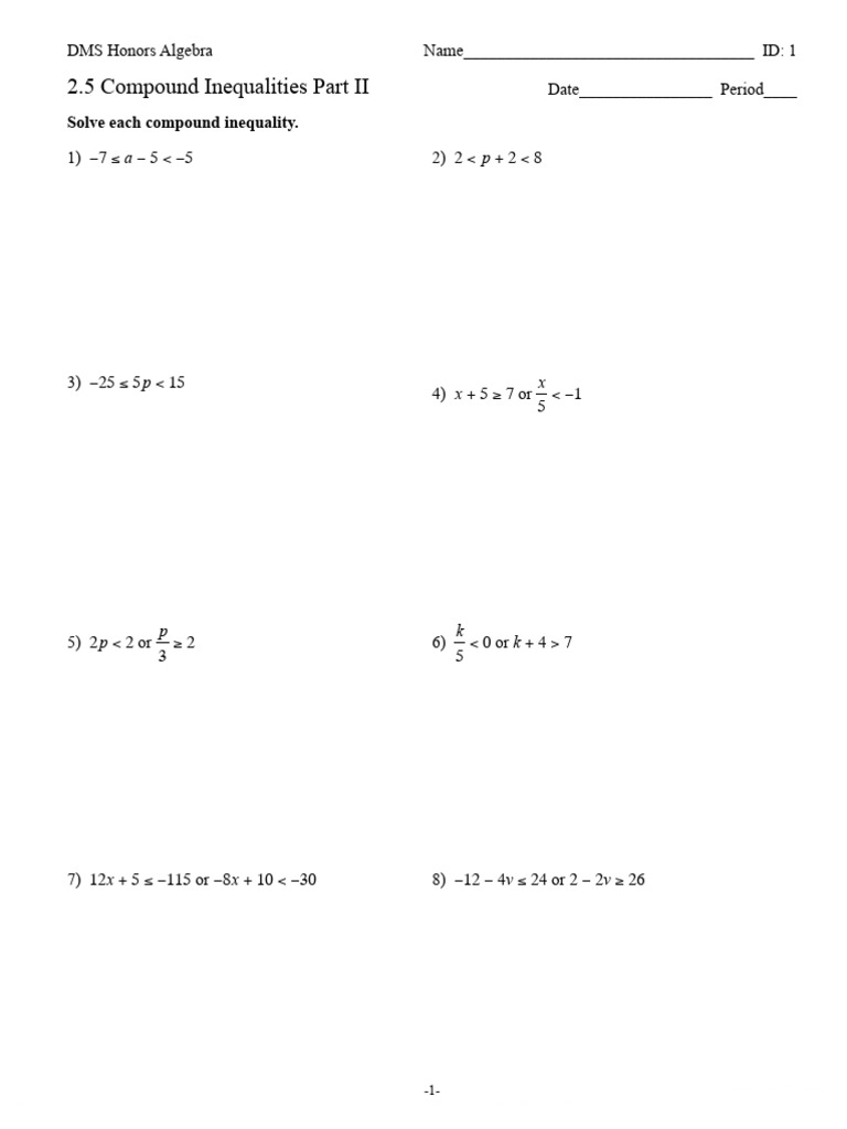 Compound Inequalities Worksheet | PDF | Inequality (Mathematics ...