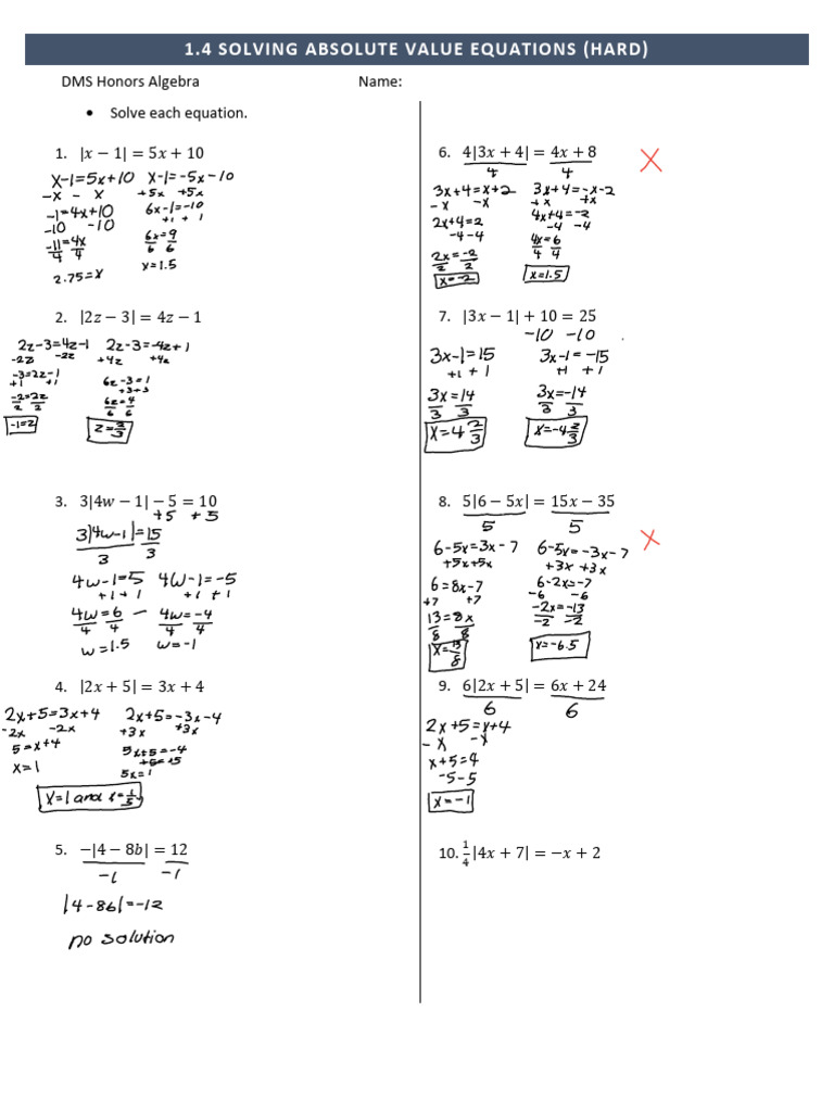 1.4 Solving Absolute Value Equations (Hard) : DMS Honors Algebra Name ...