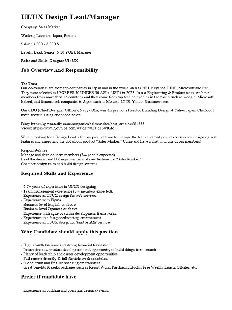 UI UX Design Lead Manager | PDF | Leadership | Business