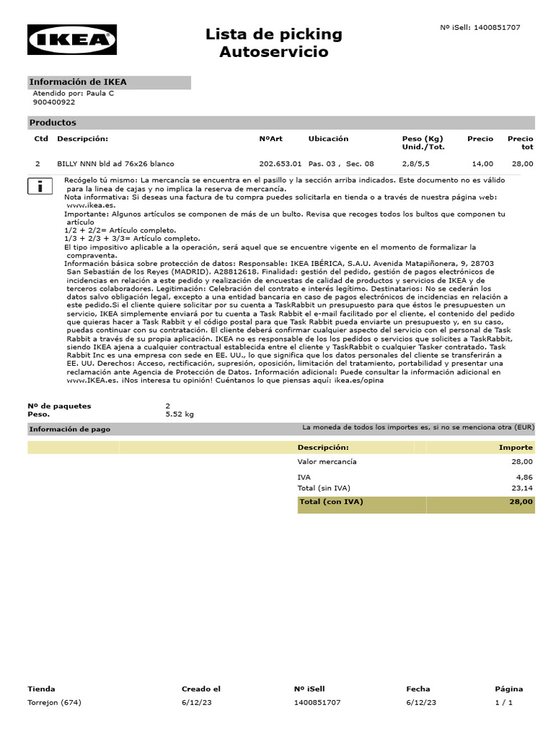 Lista de Picking Autoservicio: Información de IKEA | PDF